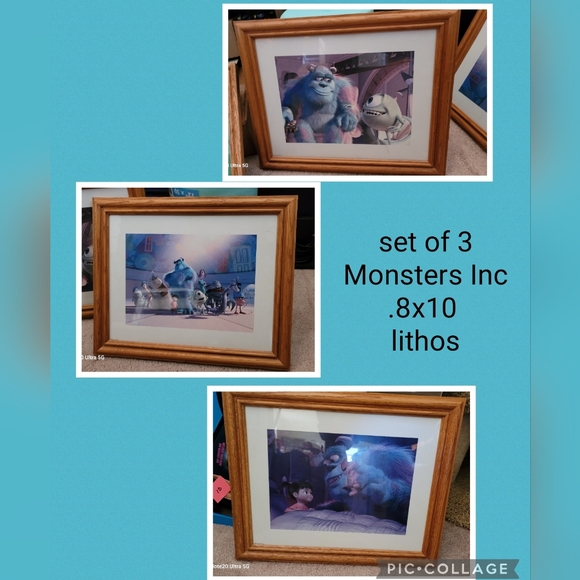 Disney | Art | Disney Monsters Inc Set Of 3 Lithos In Wood Frames ...